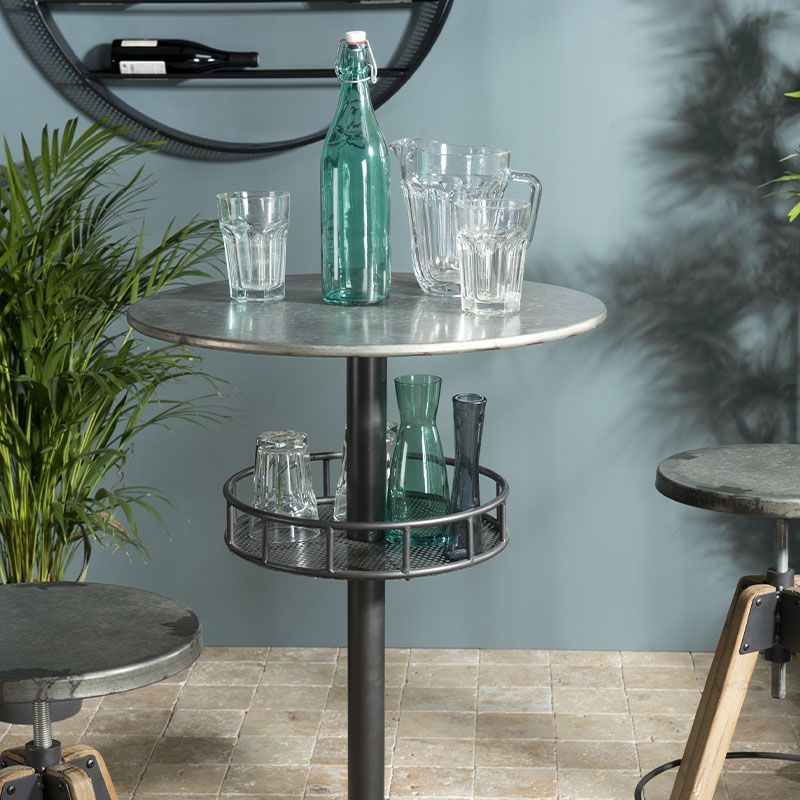 Table de bar ronde plateau Zinc 1 étagère pieds métal